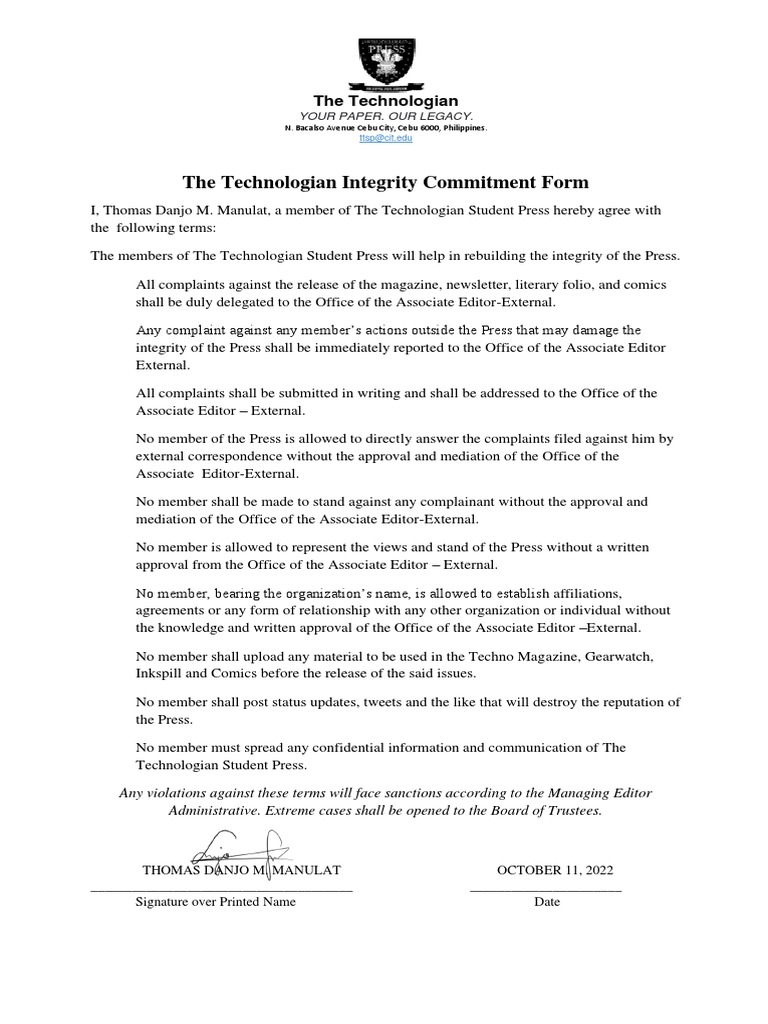 Manulat - The Technologian Integrity Commitment Form | PDF