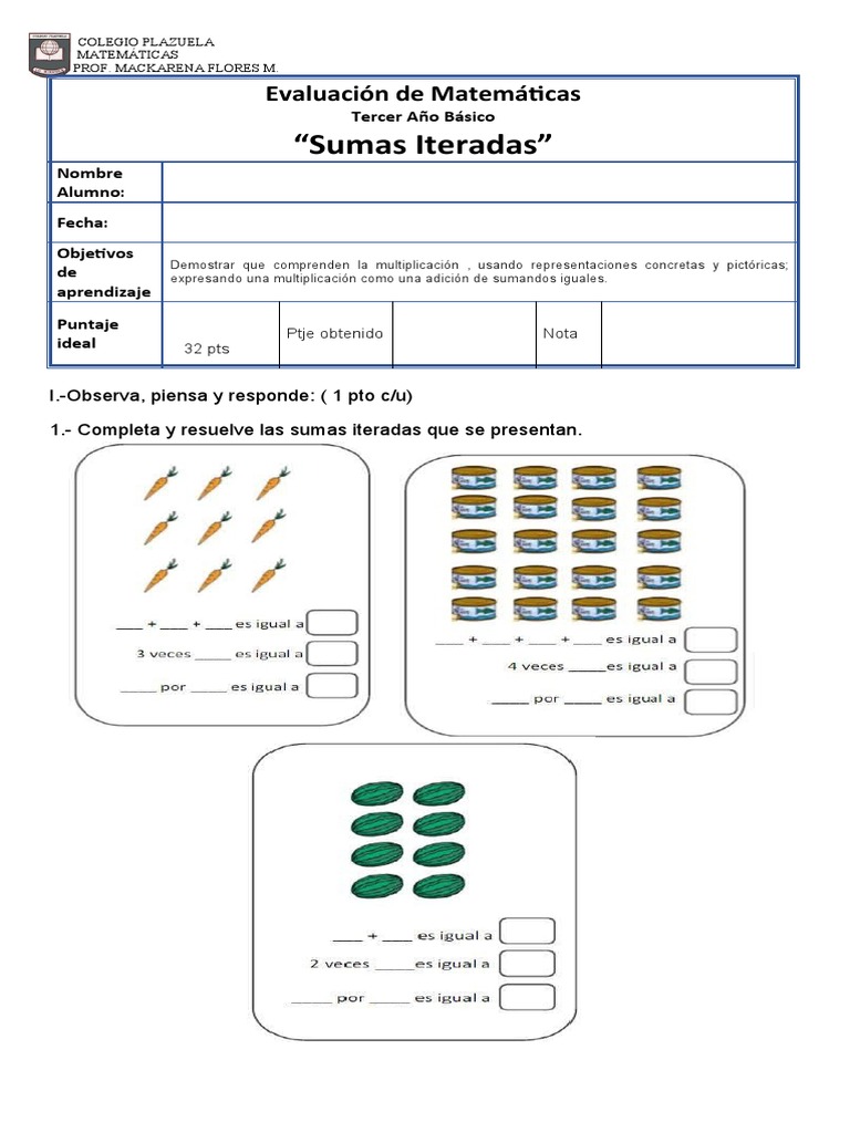 Prueba 3° Sumas Iteradas | PDF
