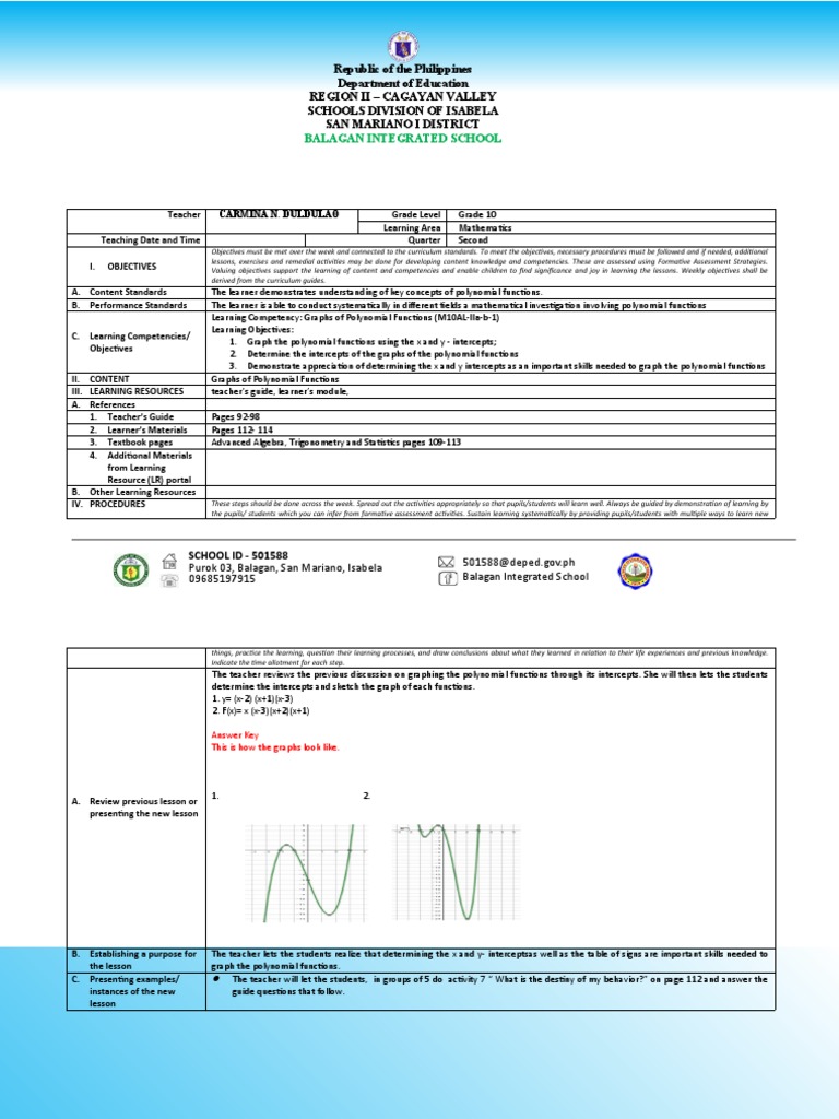 DLL Math 10 Q2 D4 | PDF | Learning | Teachers