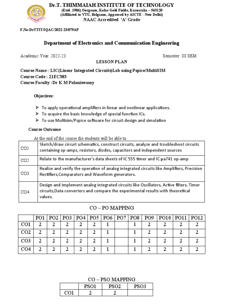 LIC Lesson Plan 2022-23 | PDF | Operational Amplifier | Electronic Circuits