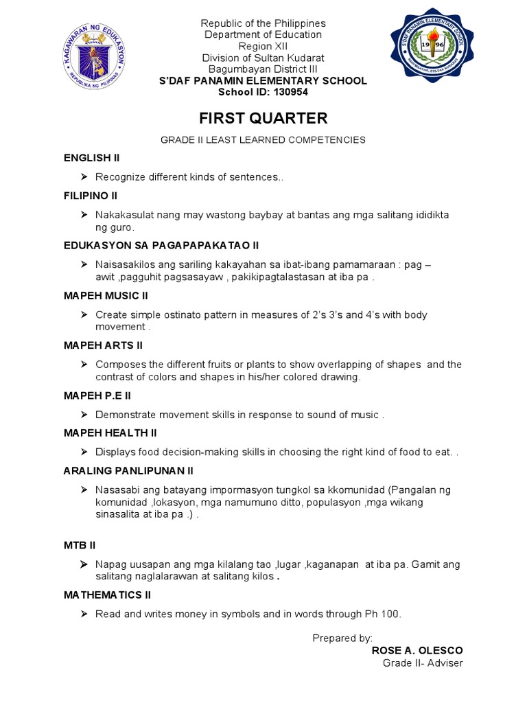 Grade 2 Least Learned Competencies | PDF