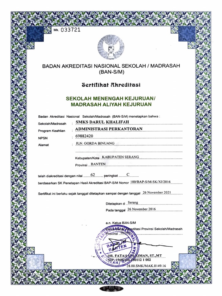 Sertifikat Akreditasi - SMK Islam Darul Khalifah Adm - PK | PDF