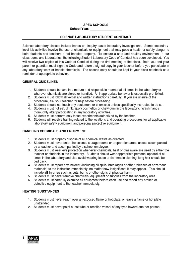 Science Student Laboratory Contract | PDF | Laboratories | Teachers
