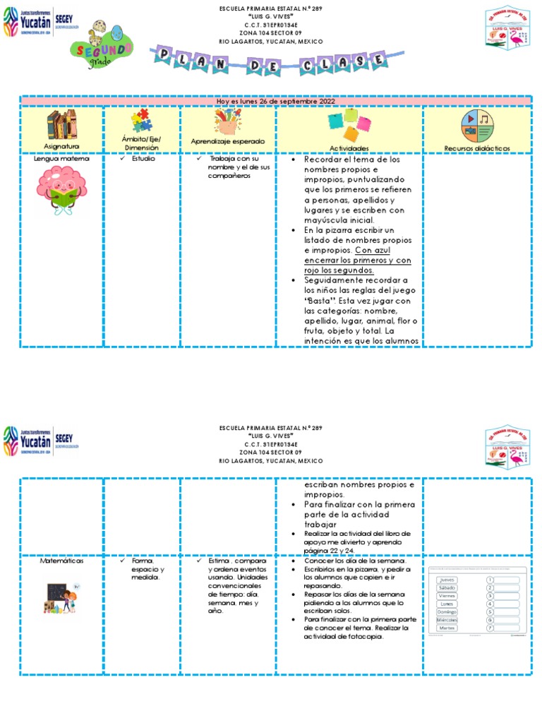 Plan de estudios semanal de la Escuela Primaria Estatal N.o 289 "Luis G. Vives | PDF | Educación ...