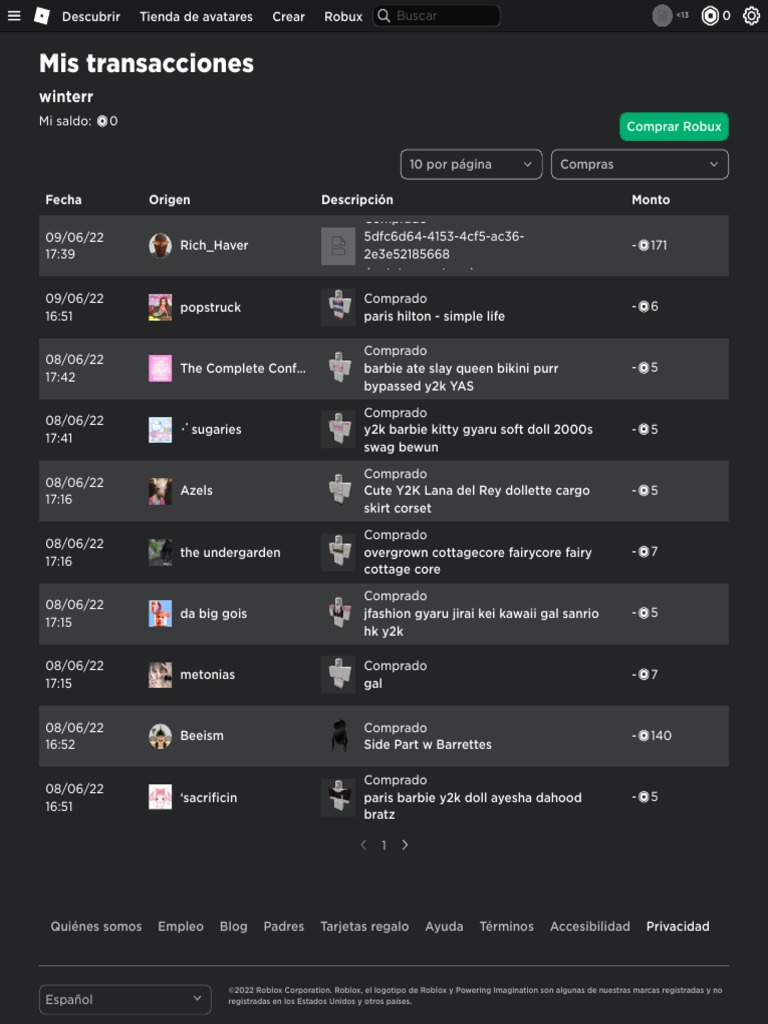 Mis Transacciones - Roblox 2 | PDF