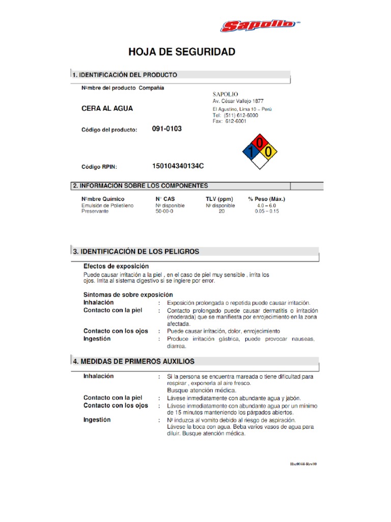 MSDS-S-044 Cera Al Agua Sapolio | PDF