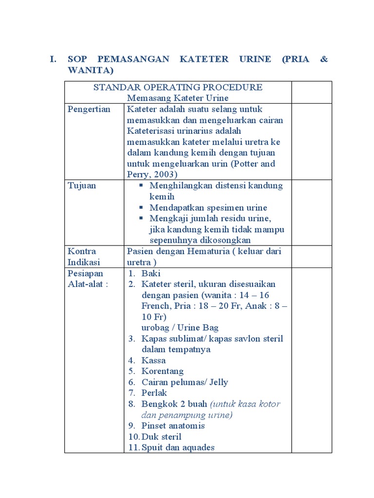 Sop Pemasangan Kateter Urine | PDF