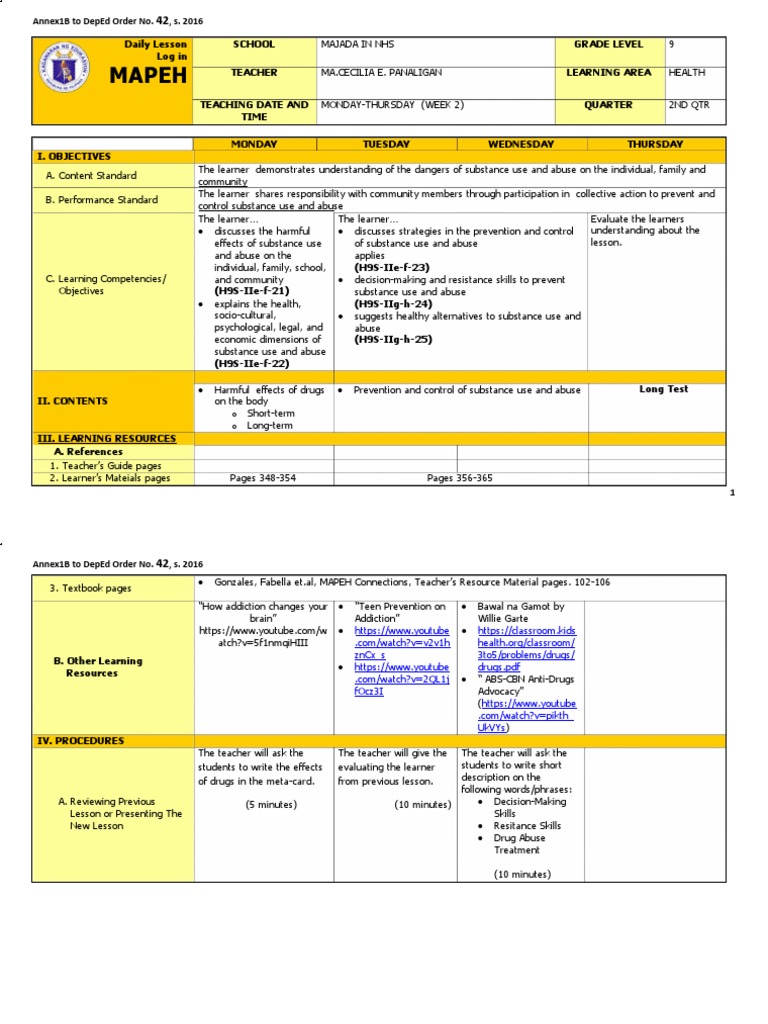 Grade 9 Health Q2 Lesson Plan | PDF | Substance Abuse | Teachers