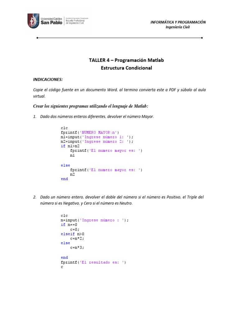TALLER 4 - Programacion - MATLAB - Estructura Condicional - SOLUCION | PDF