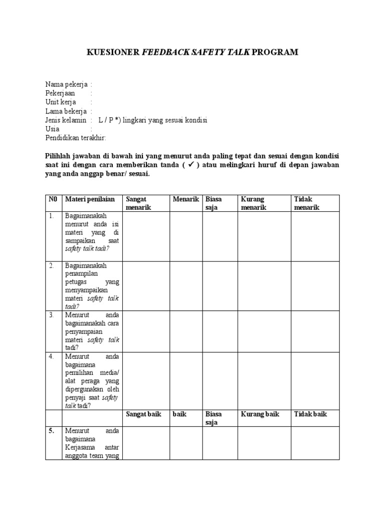 Kuesioner Feedback Safety Talk | PDF | Karier & Perkembangan ...