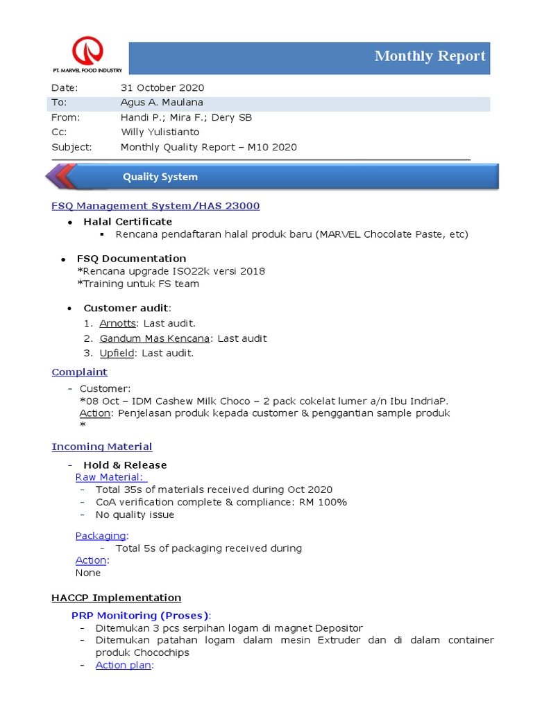 2020-Oct-Monthly Quality Report | PDF | Food And Drink