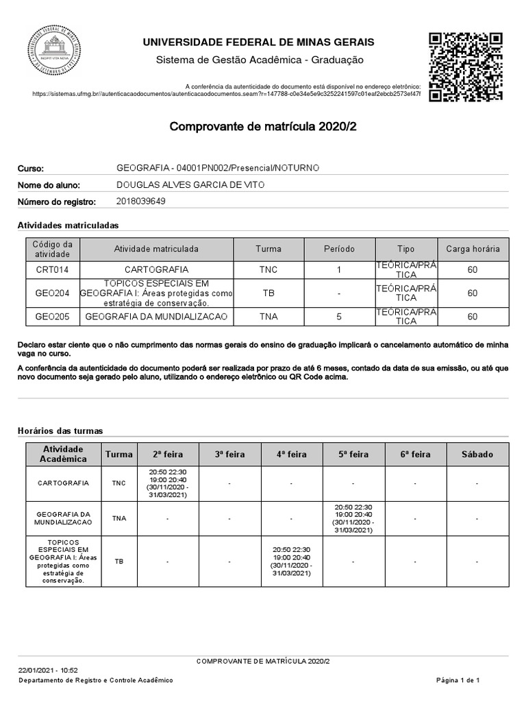Comprovante de Matrícula | PDF
