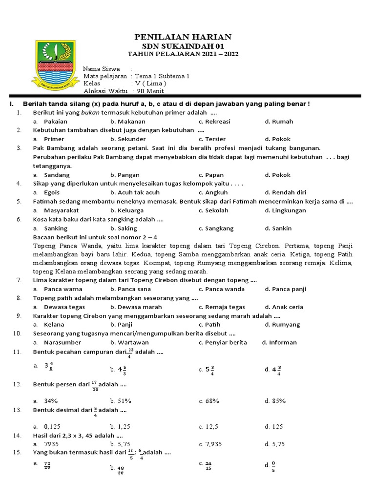 PENILAIAN HARIAN Tema 1 Subtema 1 | PDF