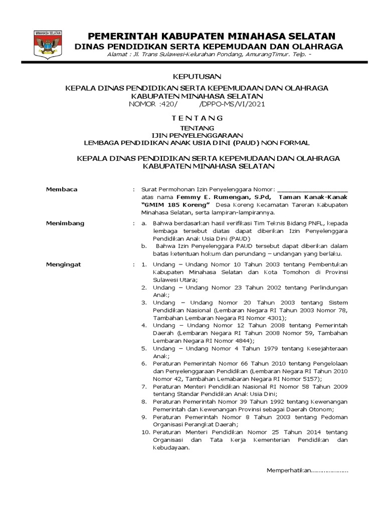 SK Ijin Penyelenggara Paud | PDF