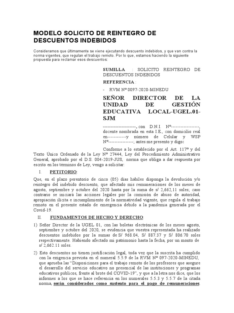 Modelo Solicito de Reintegro de Descuentos Indebidos | PDF | Etica Aplicada | Justicia