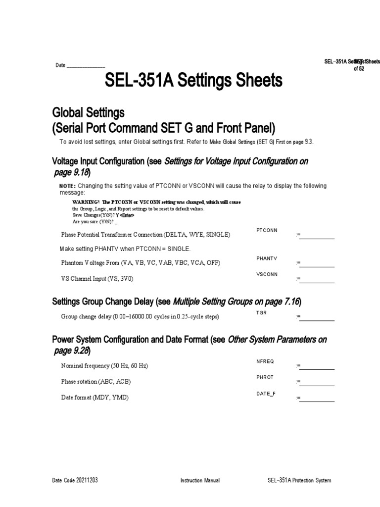 SEL-351A Relay Settings Overview | PDF | Electromagnetism | Computer ...