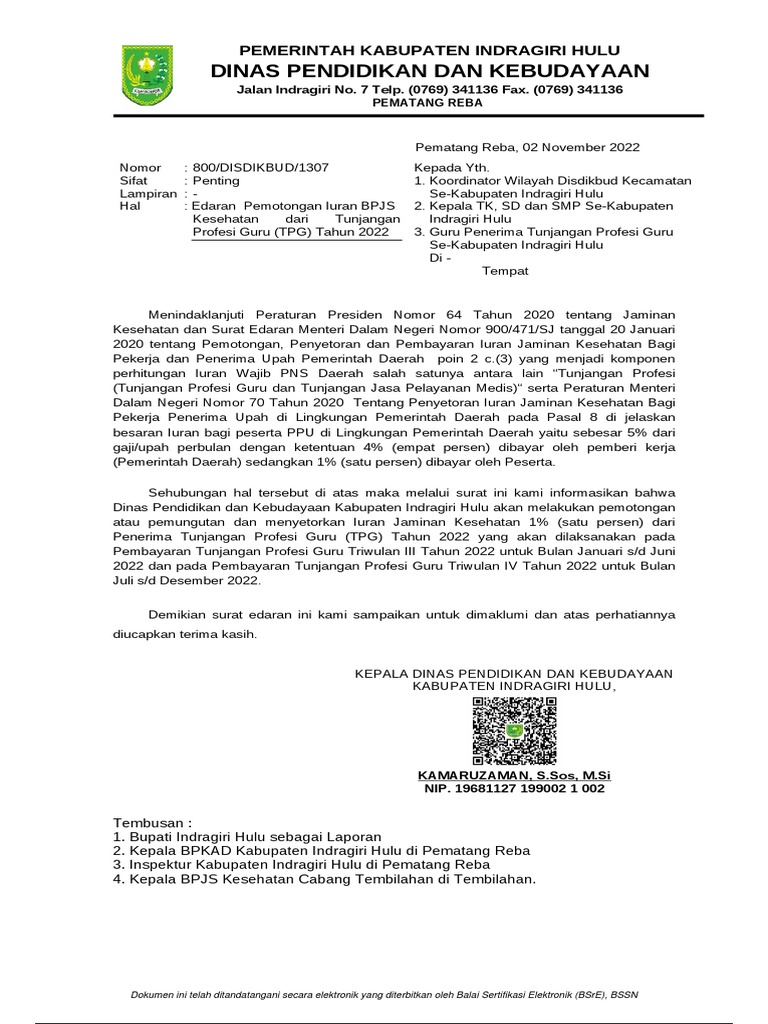 Surat Edaran Pemotongan Iuran BPJS Dari TPG | PDF