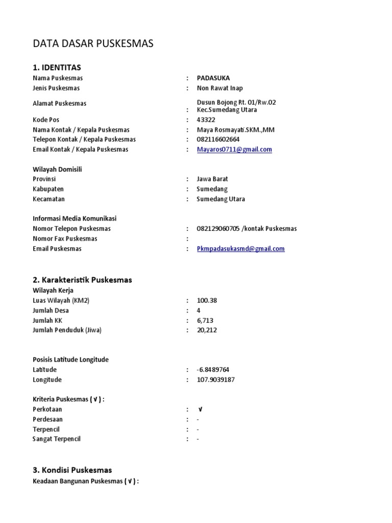 Data Dasar Puskesmas (Komdat) | PDF