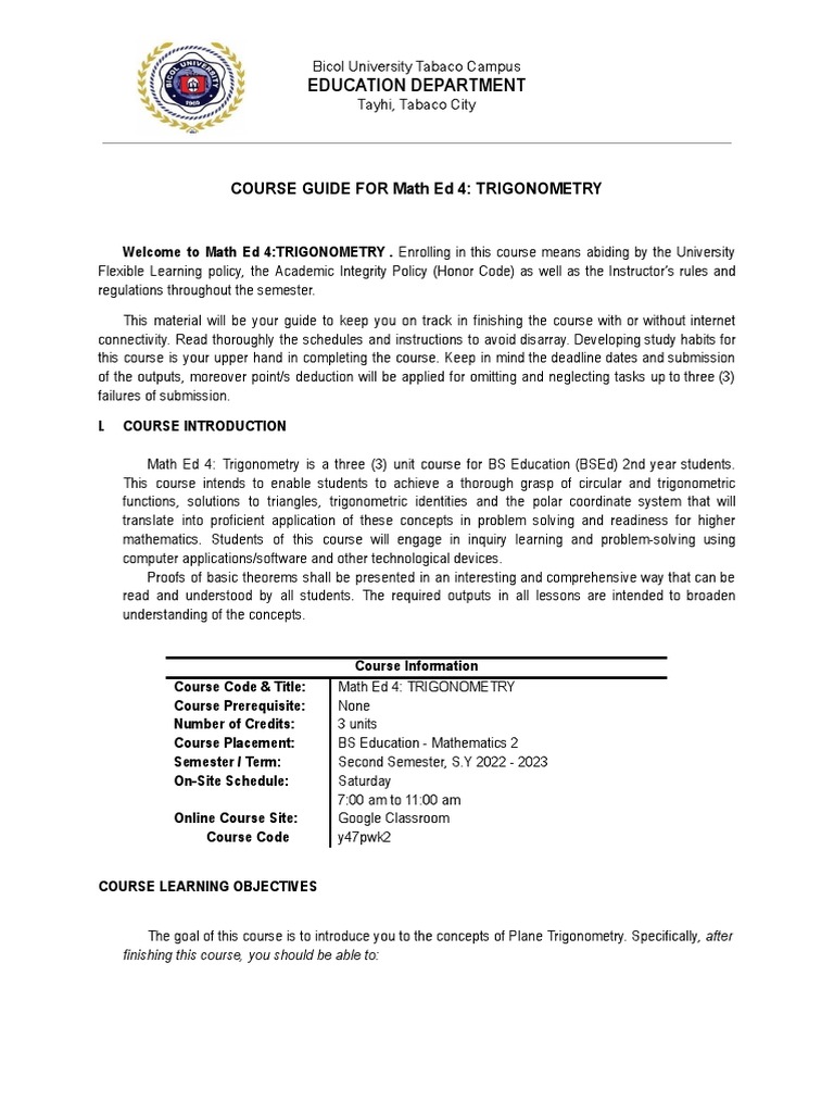 Course Guide - Trigonometry S.Y. 2022 - 2023 | PDF | Trigonometric ...