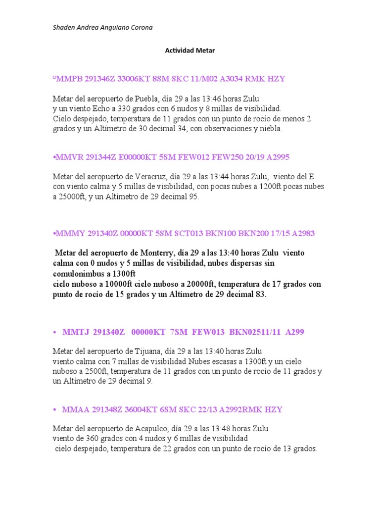 Actividad Metar | PDF | Fenómenos Meteorológicos | Meteorología