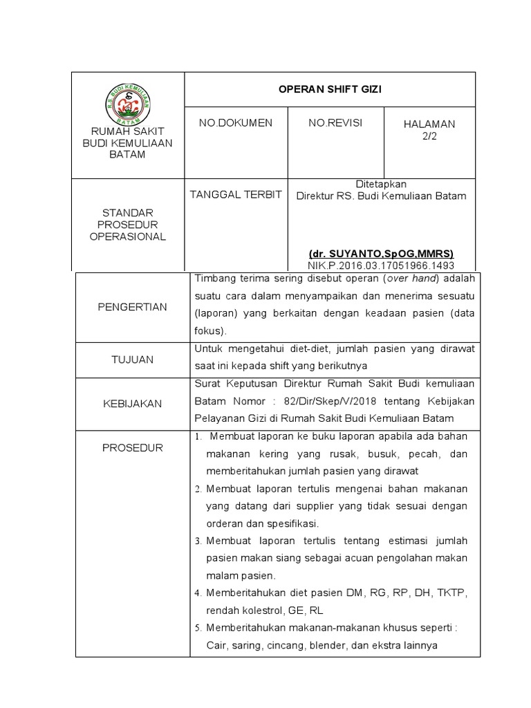 Prosedur Operan Shift Gizi RS Batam | PDF | Pengembangan Diri | Kesehatan Holistik