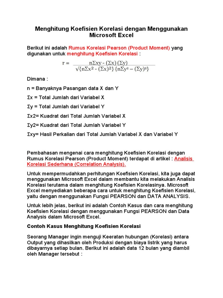 Menghitung Koefisien Korelasi Dengan Menggunakan Microsoft Excel | PDF