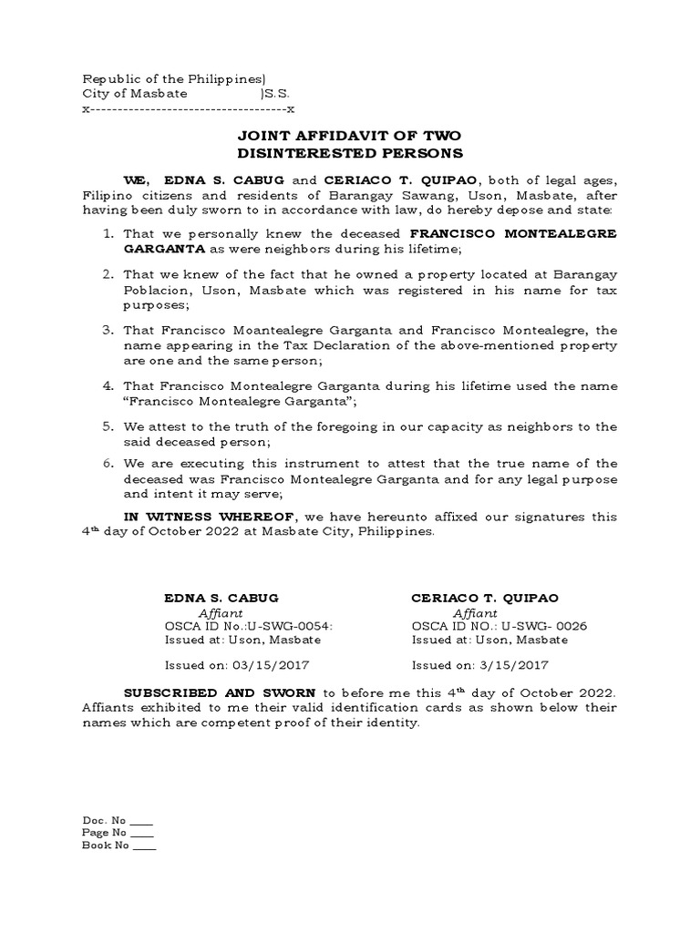Joint Affidavit of Two Neighbors in Masbate | PDF | Politics | Social ...