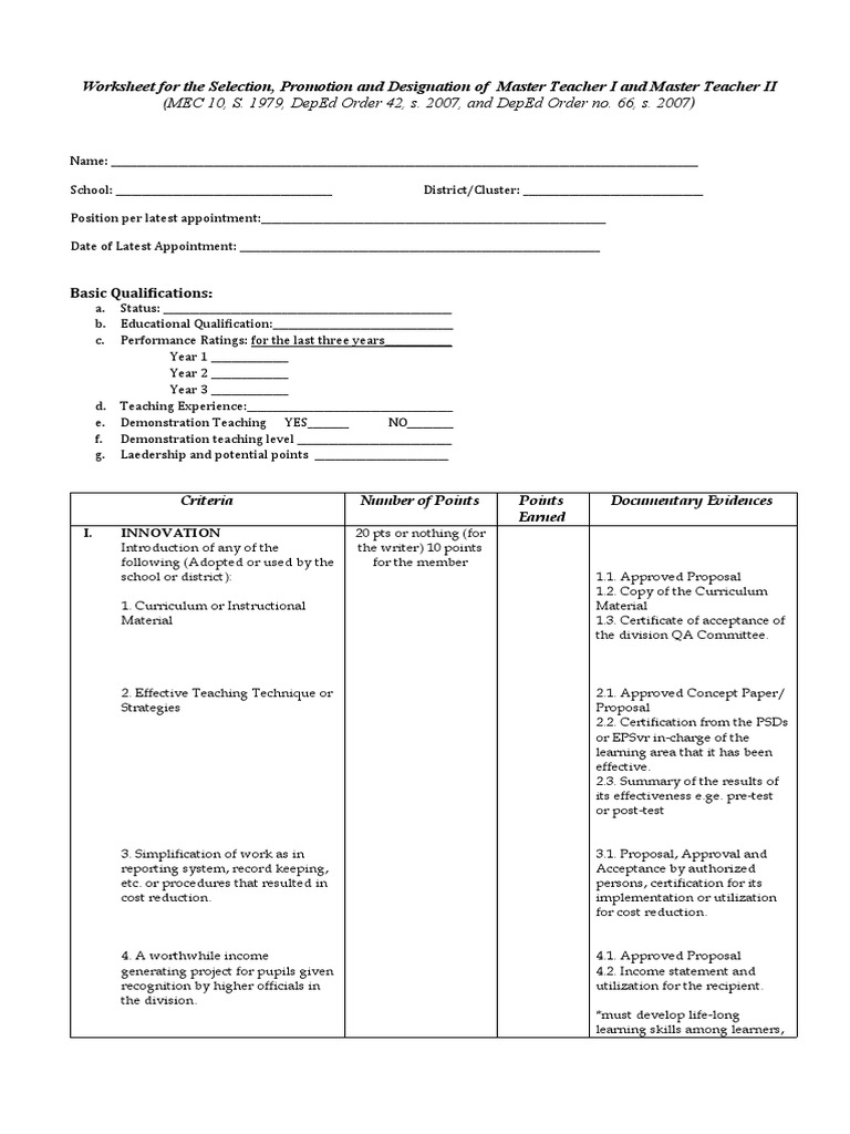 Criteria For Ranking For Master Teacher I and 2 | PDF | Curriculum ...