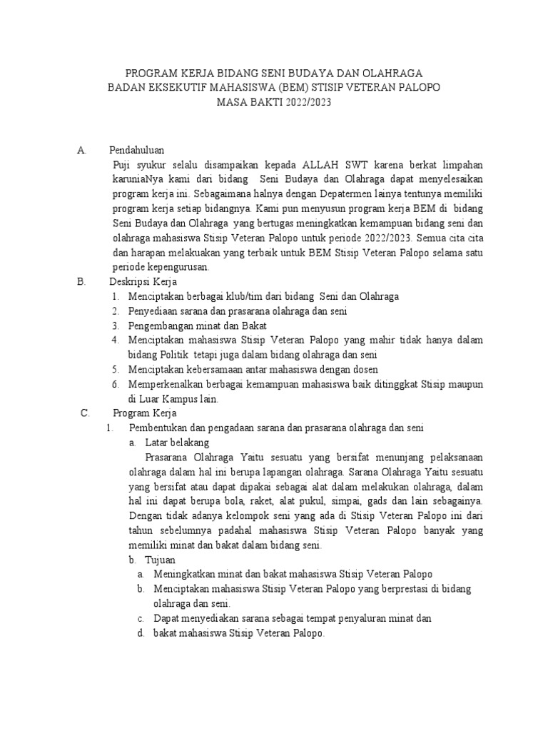 Program Kerja Bidang Seni Budaya Dan Olahraga1 | PDF