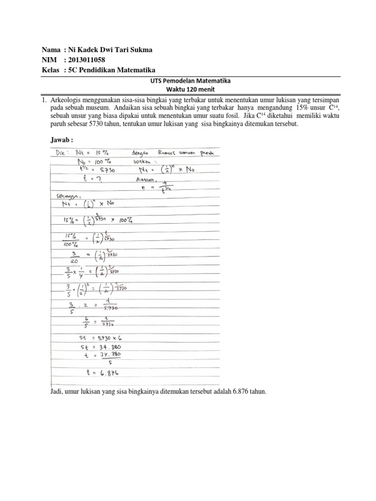 Ni Kadek Dwi Tari Sukma - 2013011058 - Uts Pemodelan Matematika - 5c | PDF