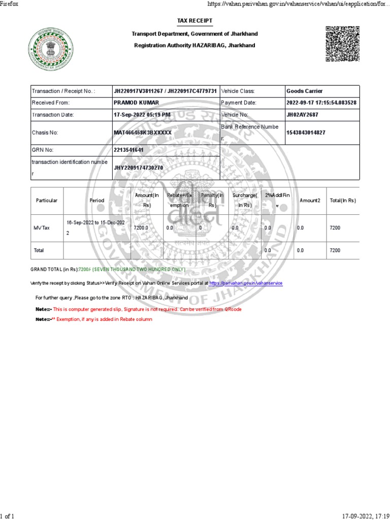 Jharkhand Goods Carrier Tax Receipt | PDF | Receipt | Business