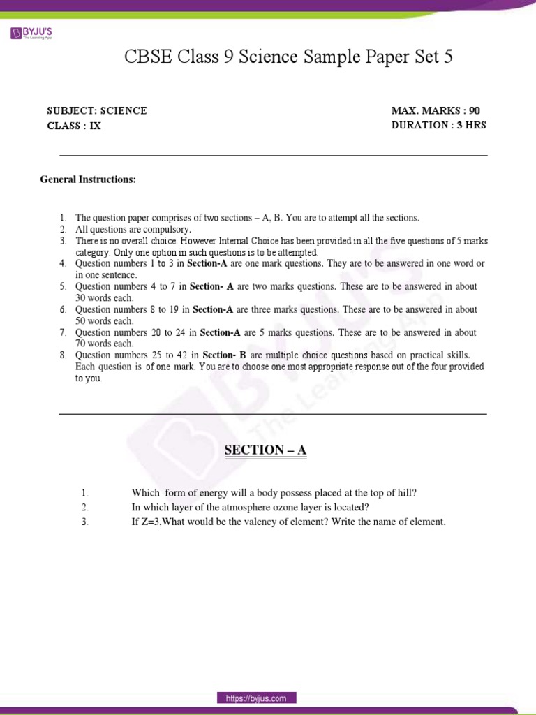 CBSE Sample Paper Class 9 Science Set 5 | PDF | Ion | Buoyancy