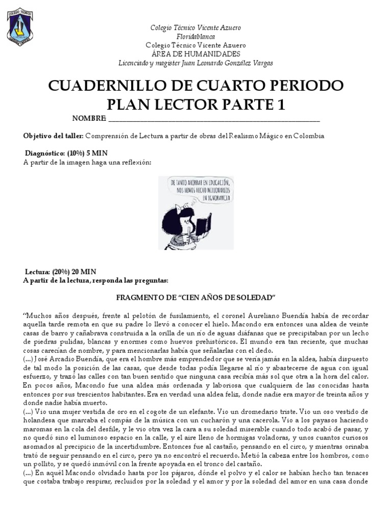 Cuadernillo de Cuarto Periodo Plan Lector Parte 1 | PDF