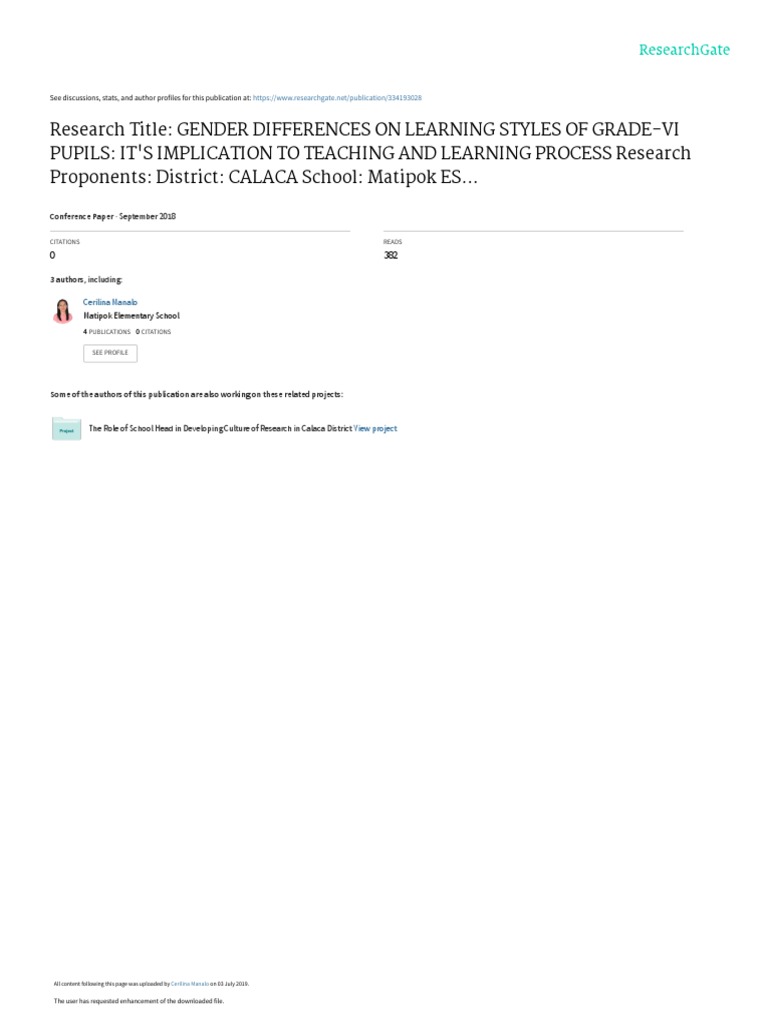 Gender Basedlearningstylesofgrade Vipupils | PDF | Learning Styles | Teaching Method