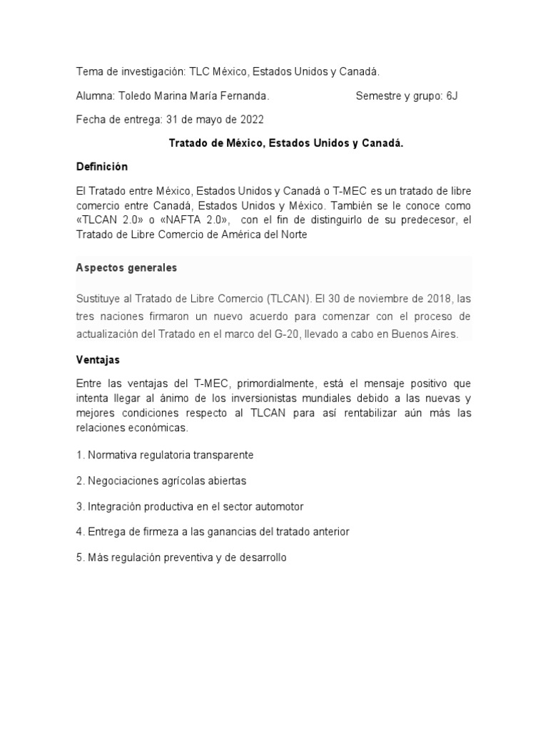 Análisis del Tratado de Libre Comercio entre México, Estados Unidos y Canadá (T-MEC) | PDF ...