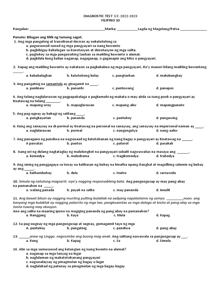 Diagnostic Test Filipino 9 | PDF