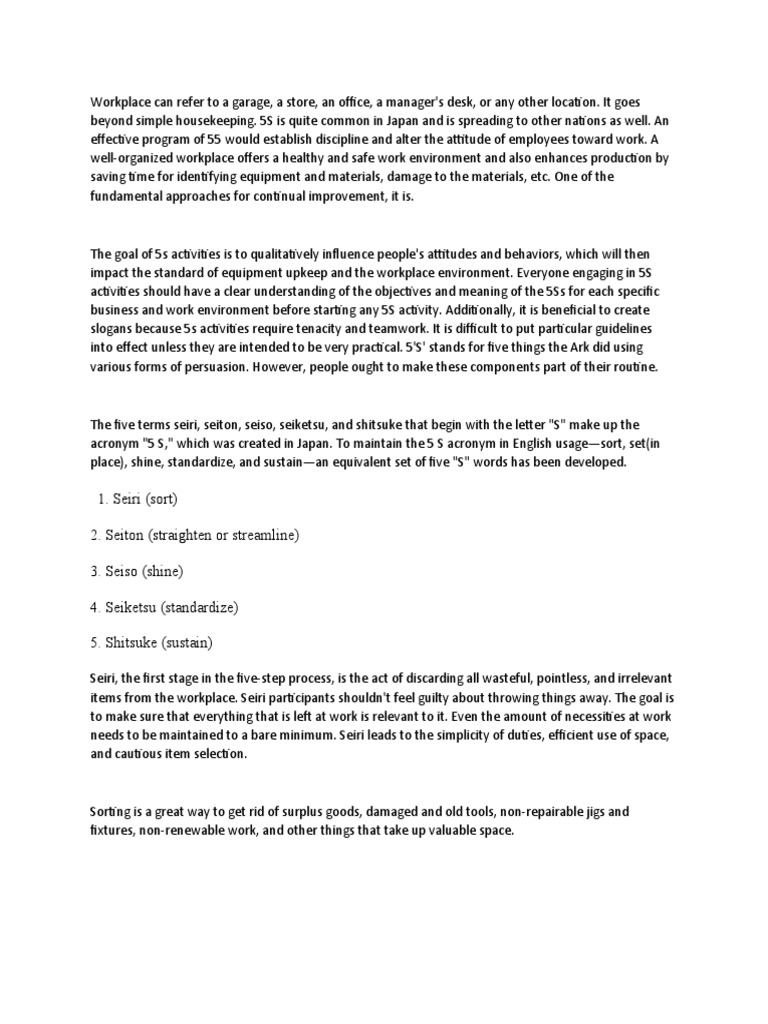 Seiri (Sort) 2. Seiton (Straighten or Streamline) 3. Seiso (Shine) 4 ...