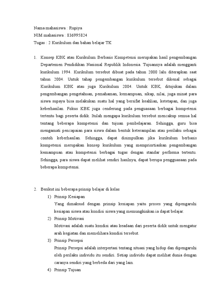 Tugas 2 - Kurikulum Dan Bahan Belajar TK - Rupiya 836995824 | PDF