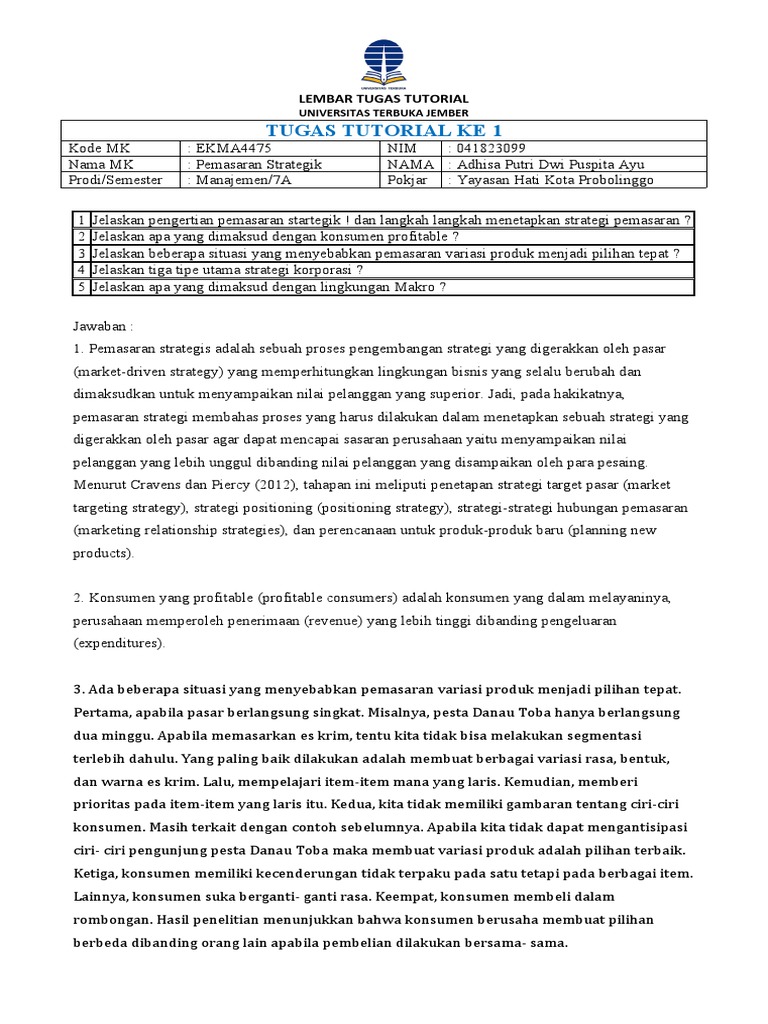 Tugas Tutorial Ke 1 - Ekma4475 - Pemasaran Strategik - Adhisa Putri Dwi Puspita Ayu - 041823099 ...