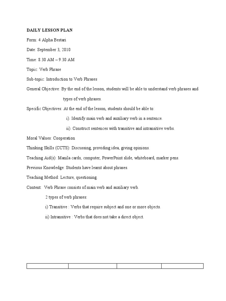 Daily Lesson Plan 4 Verb Phrases | PDF | Verb | Teaching Method