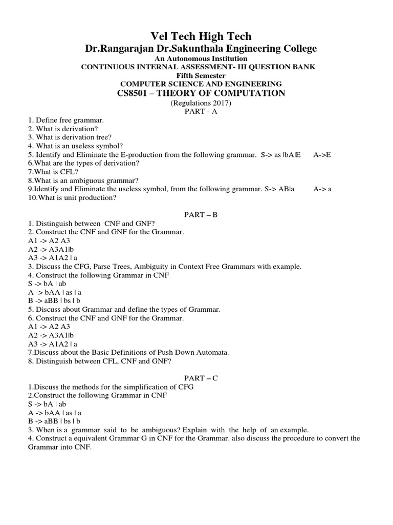 QB Cia - Iii - CS8501 - Theory of Computation - Question Bank | PDF
