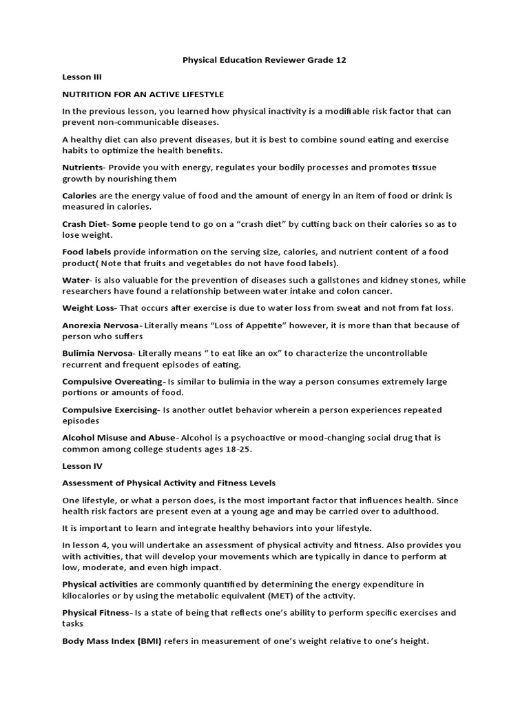 Reviewer Grade 12 Physical Education | PDF | Physical Fitness | Weight Loss