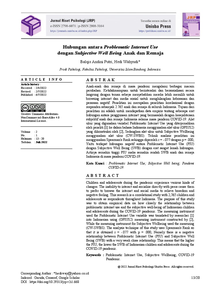 Hubungan Antara Problematic Internet Use Dengan Subjective Well Being Anak Dan Remaja | PDF
