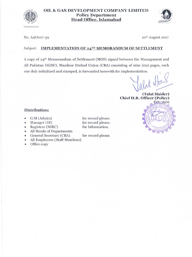 24th Memorandum of Settlement (MOS) | PDF