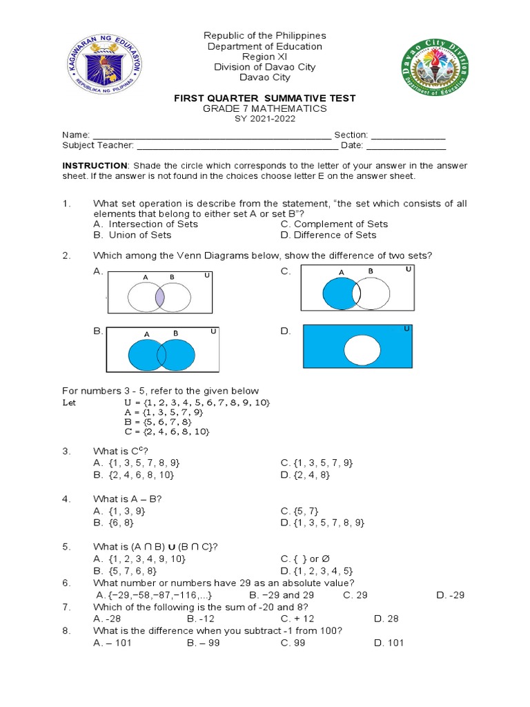 Final Grade 7 Summative Test (Q1) | PDF | Numbers | Mathematical Objects