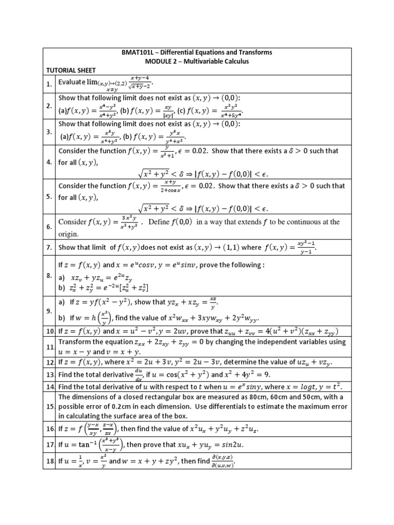 BMAT101L Module2 Tutorial Sheet | PDF | Derivative | Function (Mathematics)