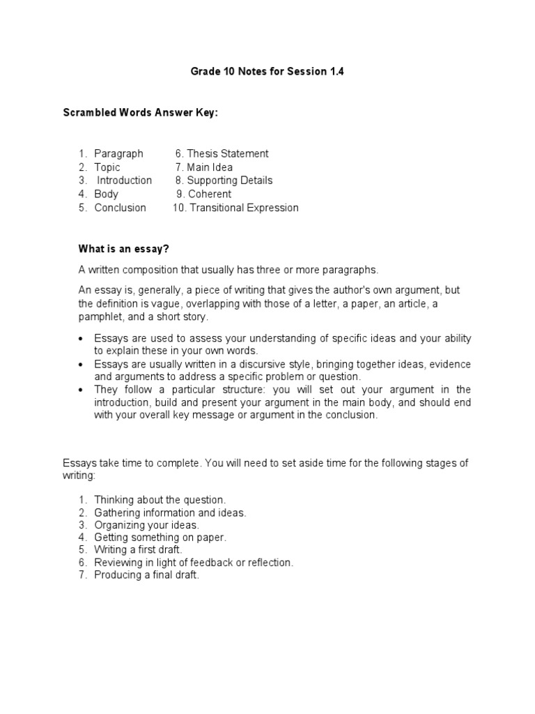 G10 - Session 1.4 Notes | PDF | Essays | Paragraph