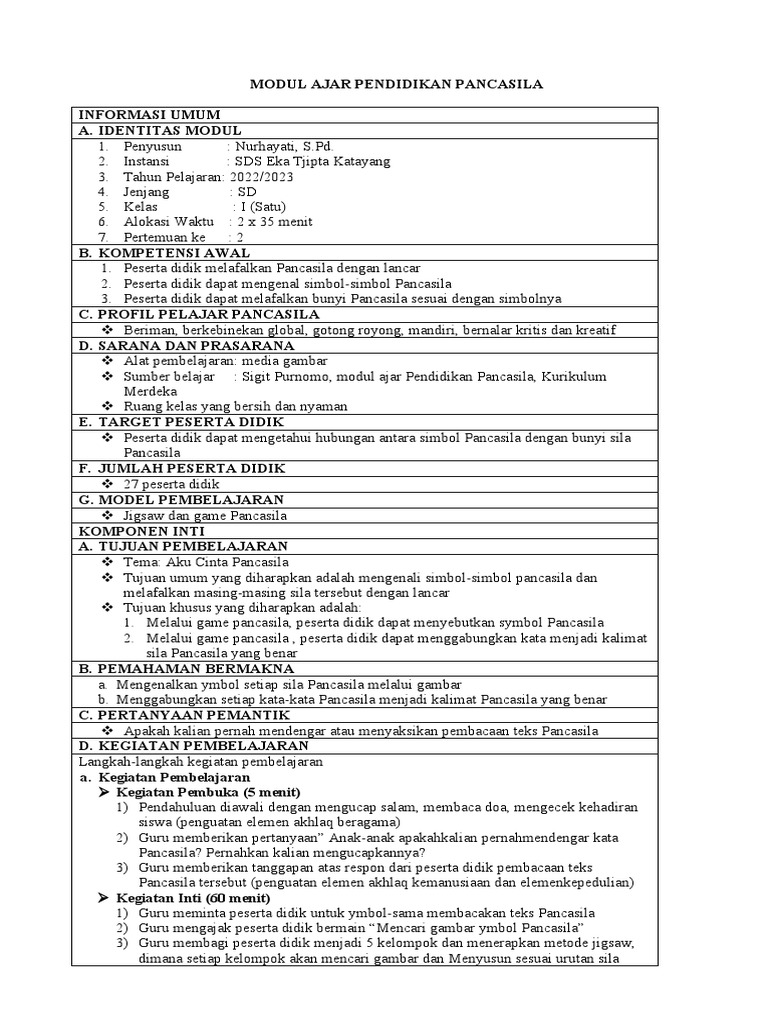 MODUL AJAR KELAS 1 Pendidikan Pancasila | PDF