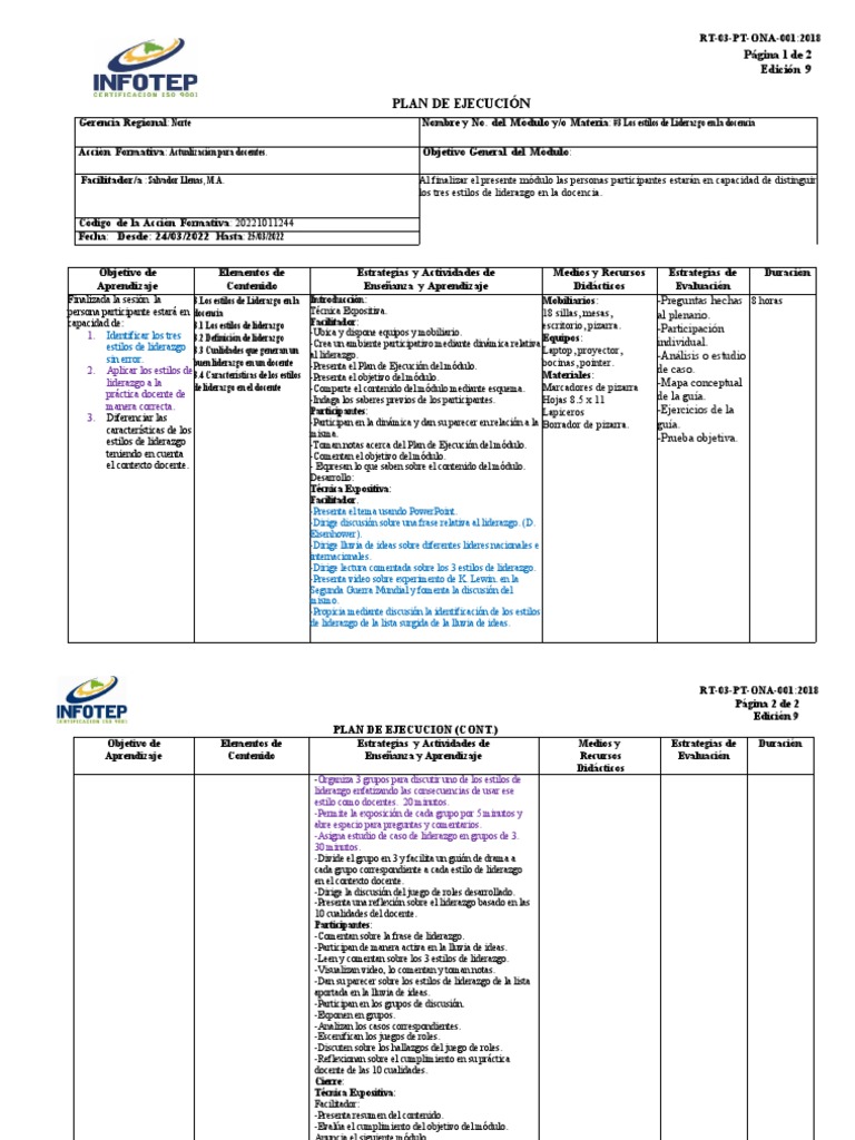 Plan de Ejecucion Liderazgo Docente | PDF | Método de enseñanza | Evaluación