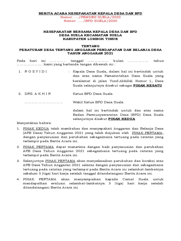 Draft BA. Kesepakatan Kades Dan BPD - Perdes APB Desa 2021 | PDF